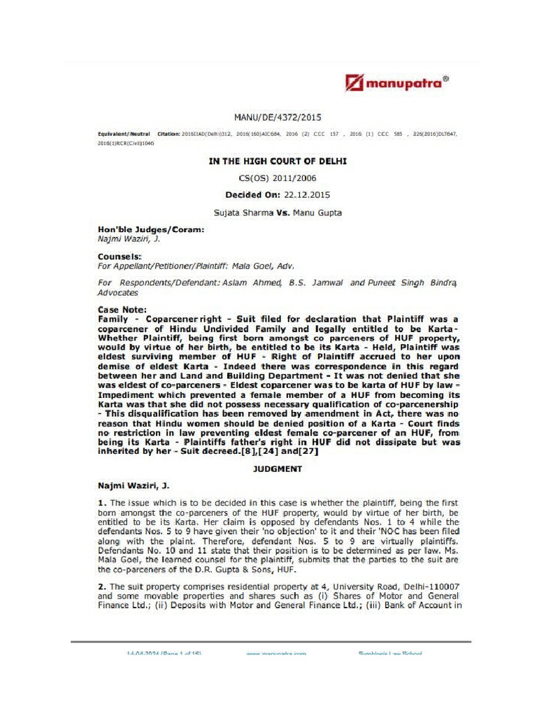 Sujata Sharma v. Manu Gupta Case Analysis | PDF | Gender Equality ...