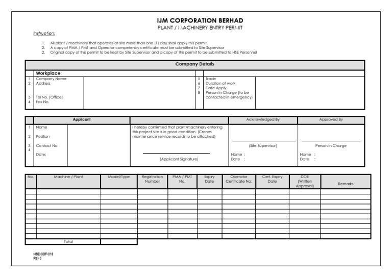 HSE-CDF-018 - Plant & Machinery Entry Permit | PDF