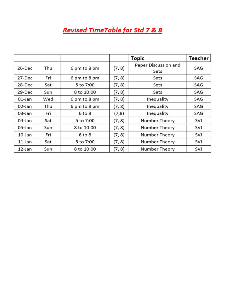 Revised TimeTable for Std 7 & 8 | PDF