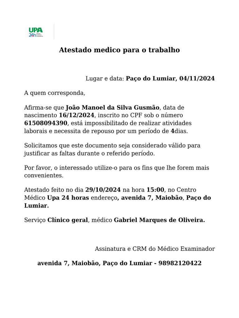 Atestado Médico para Trabalho - 4 Dias | PDF