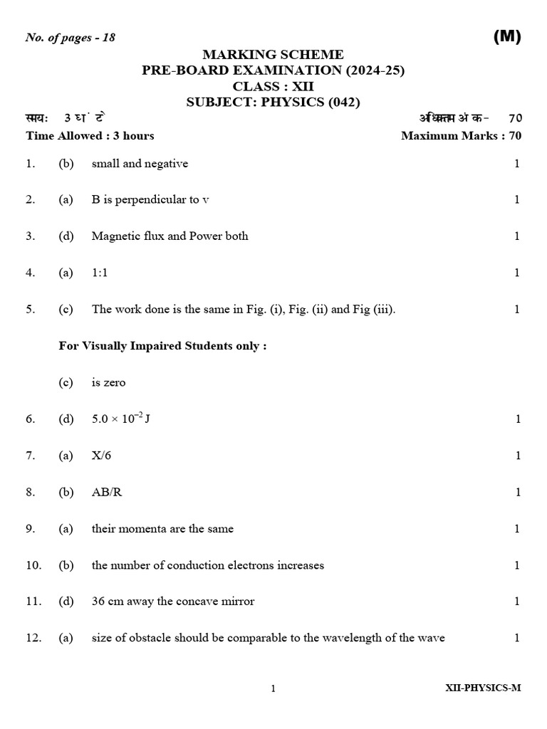 Class XII Physics Pre-Board Exam Marking Scheme | PDF | Electrical ...