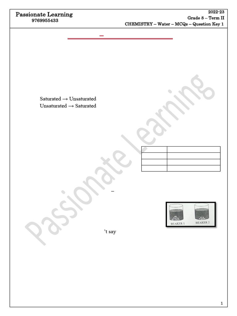 Water – MCQs – Question Key 1 | PDF | Solubility | Water