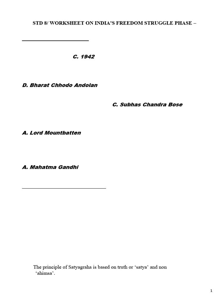 India's Freedom Struggle - RR - The Second Phase - School Worksheet ...