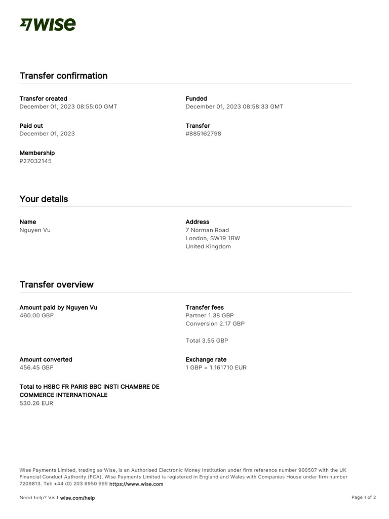 Wise_transfer_885162798-1 | PDF | Wire Transfer | Money