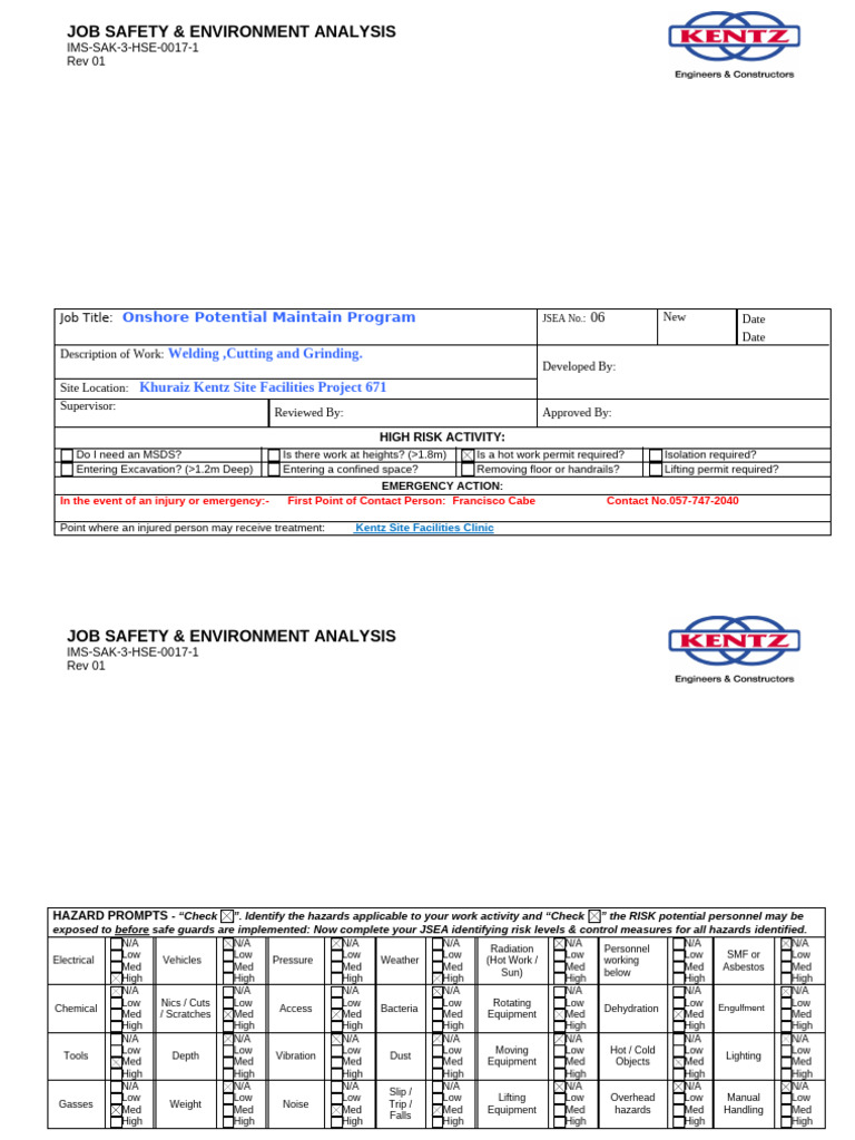 JSEA 06 Welding and Cutting (OK) | PDF | Risk | Hazards