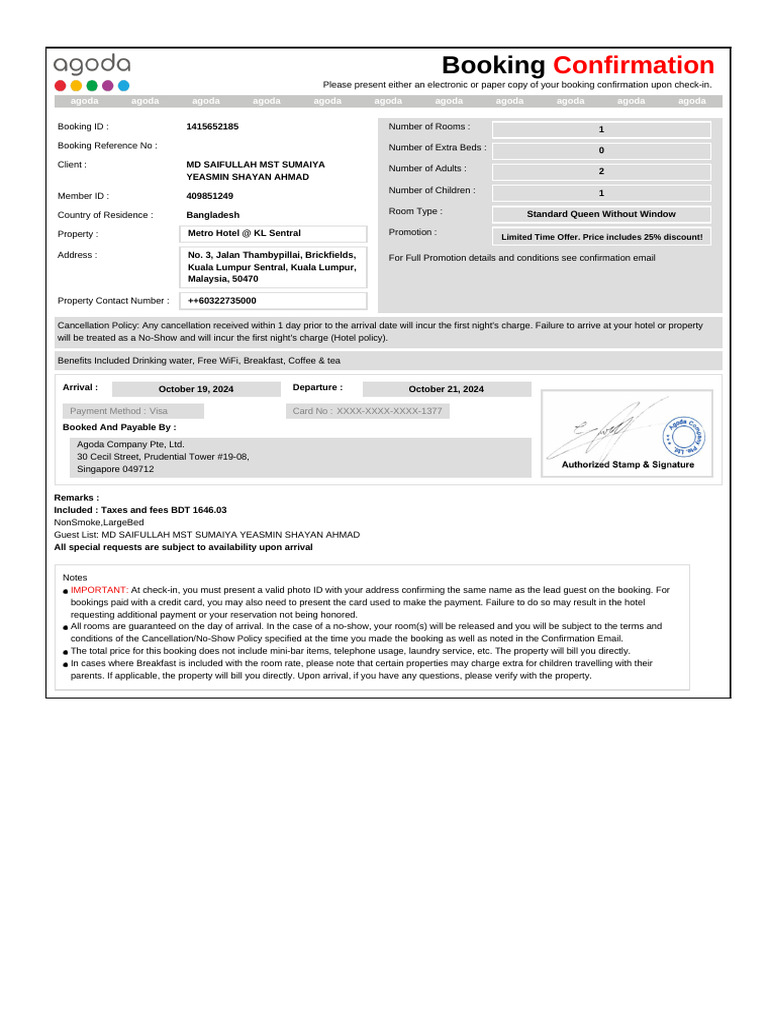 Confirmation For Booking ID # 1415652185 | PDF | Payments