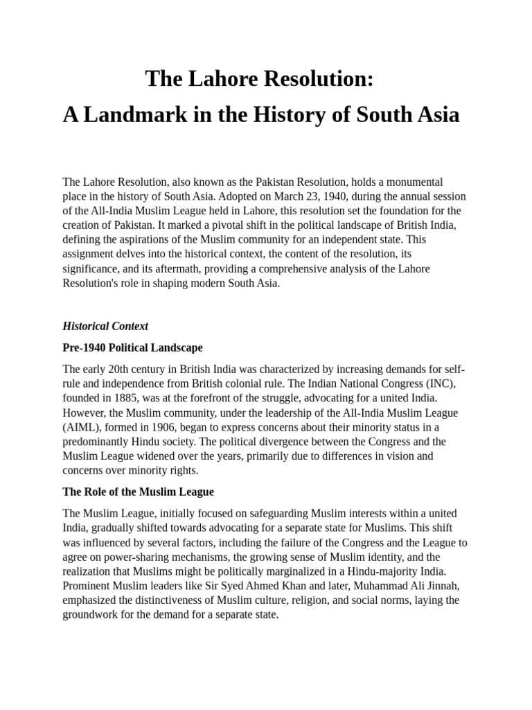 The Lahore Resolution | PDF | All India Muslim League | Partition Of India
