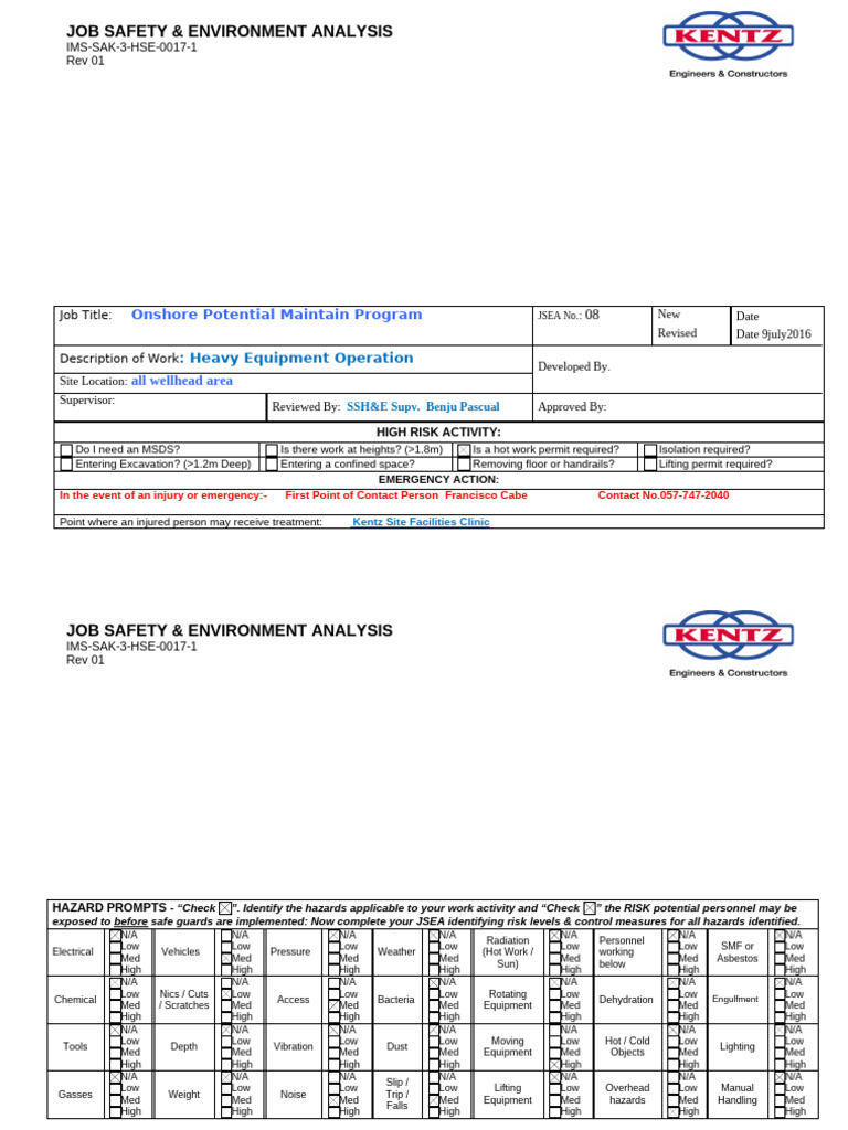 JSEA 08 heavy equipment operation(update 15-07-2016) | PDF | Risk | Hazards