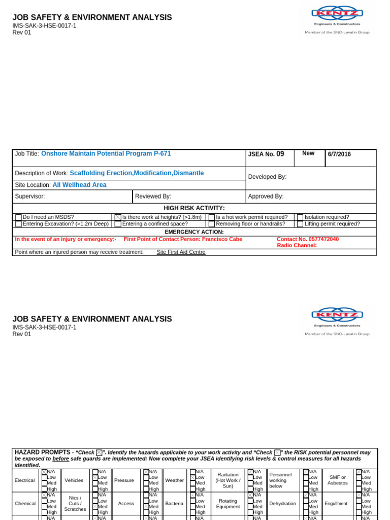 JSEA 09 Scaffolding Erection - Modification - Dismantle | PDF | Risk ...