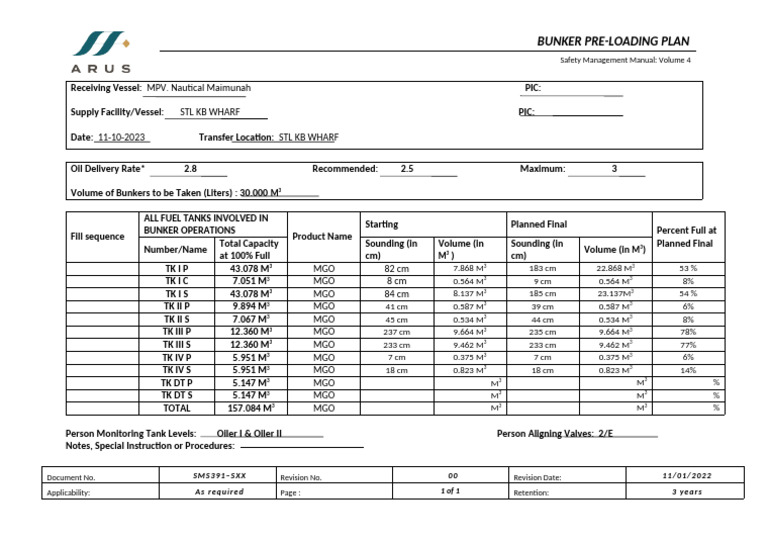 SMS391-SXX Rev 00 11 Jan 2022 - Bunker Pre-Loading Plan - 055803 | PDF