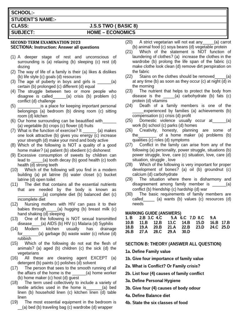 Home Econs JS2 2ND T-Exam | PDF