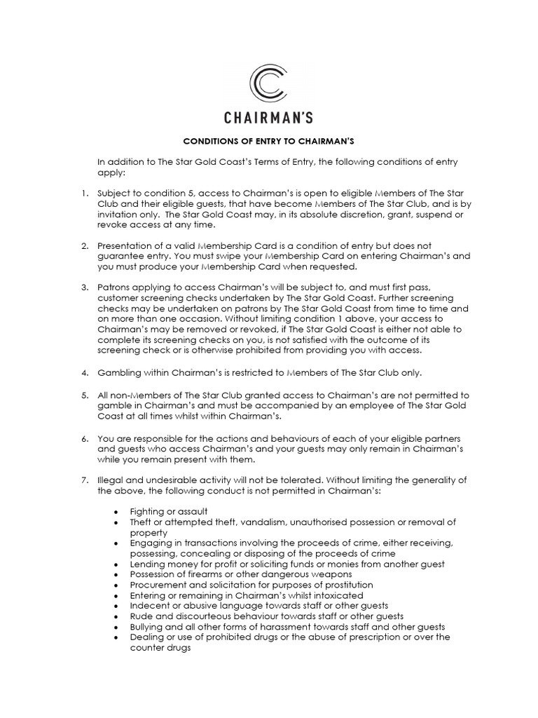 PGR Conditions of Entry Chairmans The Star Gold Coast | PDF | Justice ...
