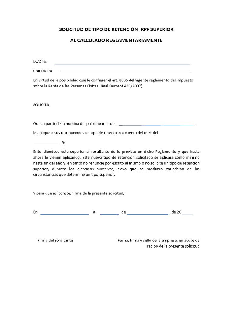 Plantilla Solicitud de Tipo de Retención Irpf Superior | PDF