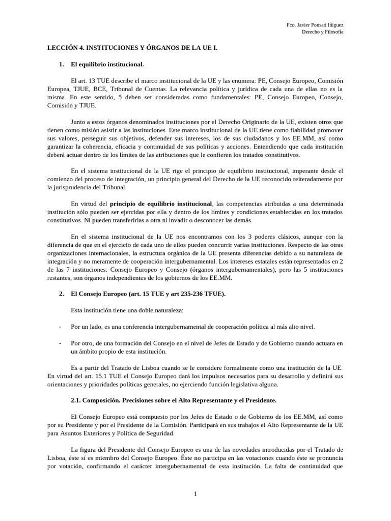 Lección 4. Instituciones y Órganos de La Ue I. | PDF | Consejo europeo | Comisión Europea