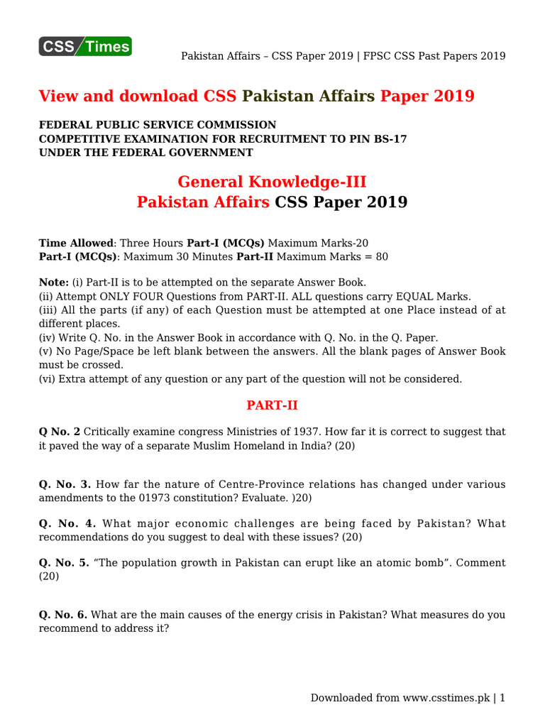 Pakistan Affairs – CSS Paper 2019 - FPSC CSS Past Papers 2019 | PDF