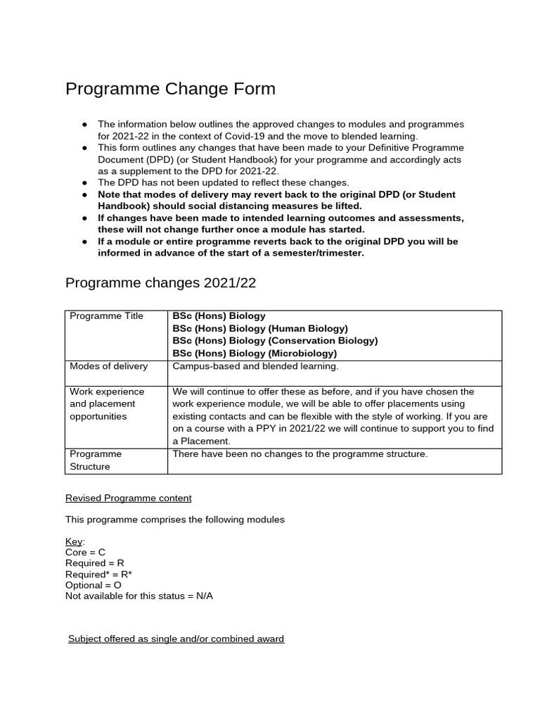 BSC (Hons) Biology 2021 Programme Change Form | PDF | Psychology | Science