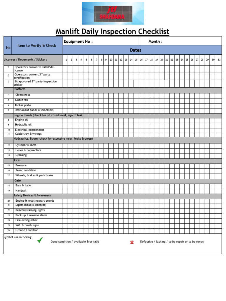 JTL Manlift-Daily-Inspection-Checklist | PDF | Tire
