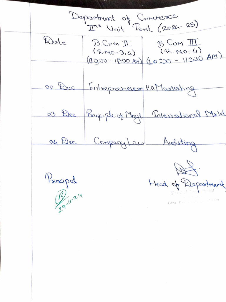 Second Unit Test Time Table 2024 | PDF
