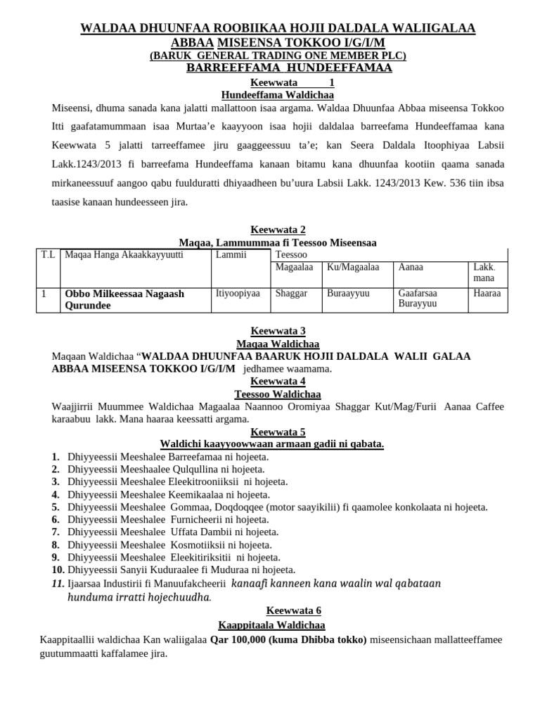 Waldaa Dhuunfaa Roobiikaa Hojii Daldala Waliigalaa Abbaa Miseensa Tokkoo I/G/I/M | PDF