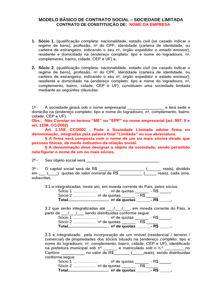 Modelo Contrato Social - LTDA | PDF | Arbitragem | Mediação