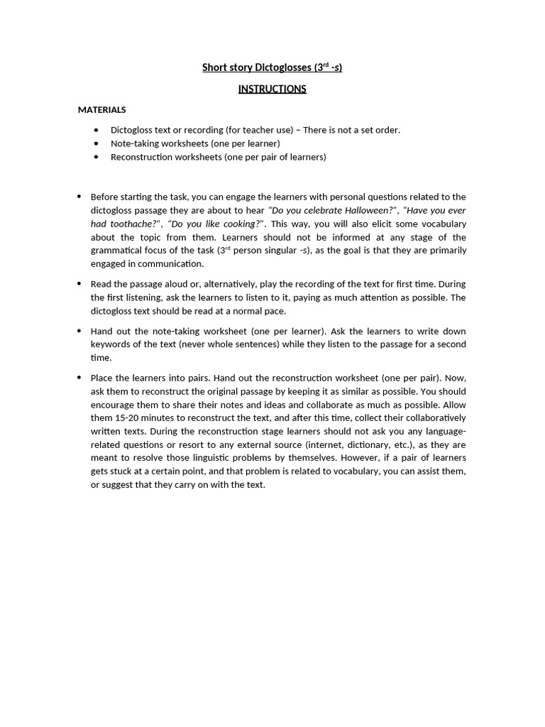 Dictogloss Activity Instructions | PDF