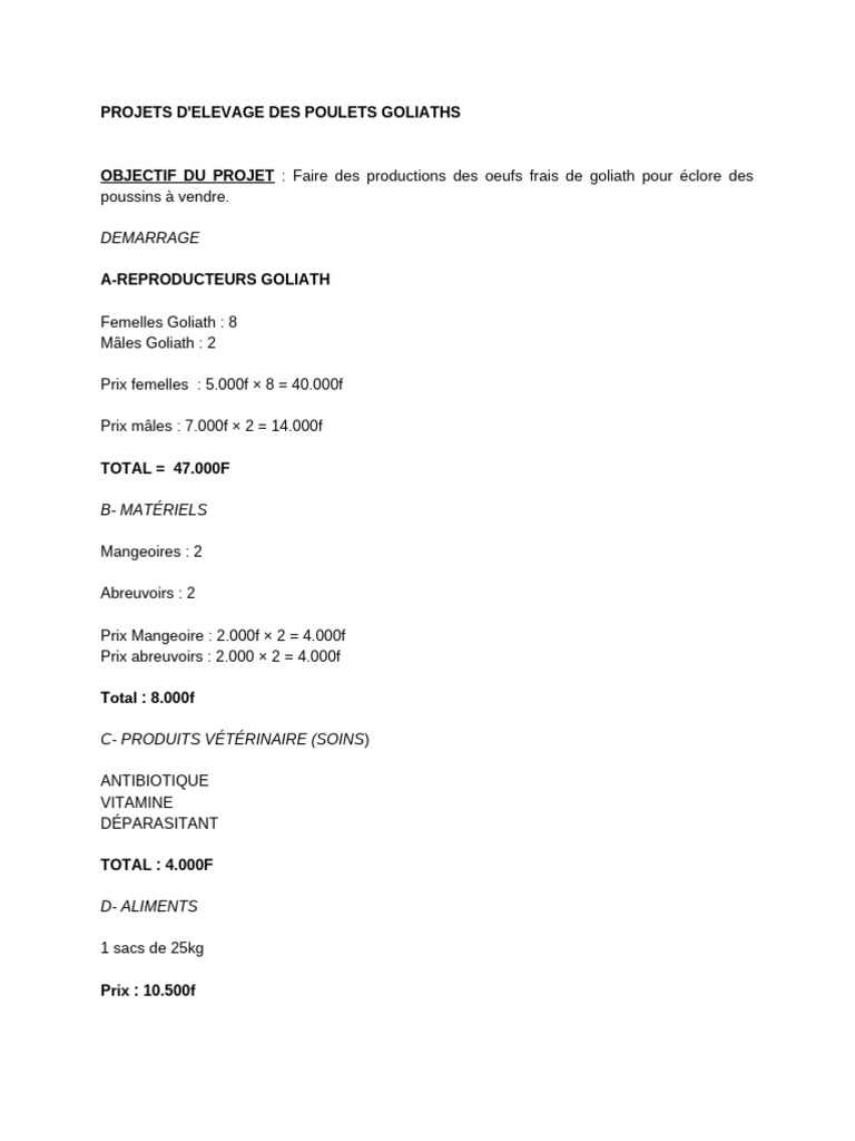 Projet Poulet Goliath | PDF