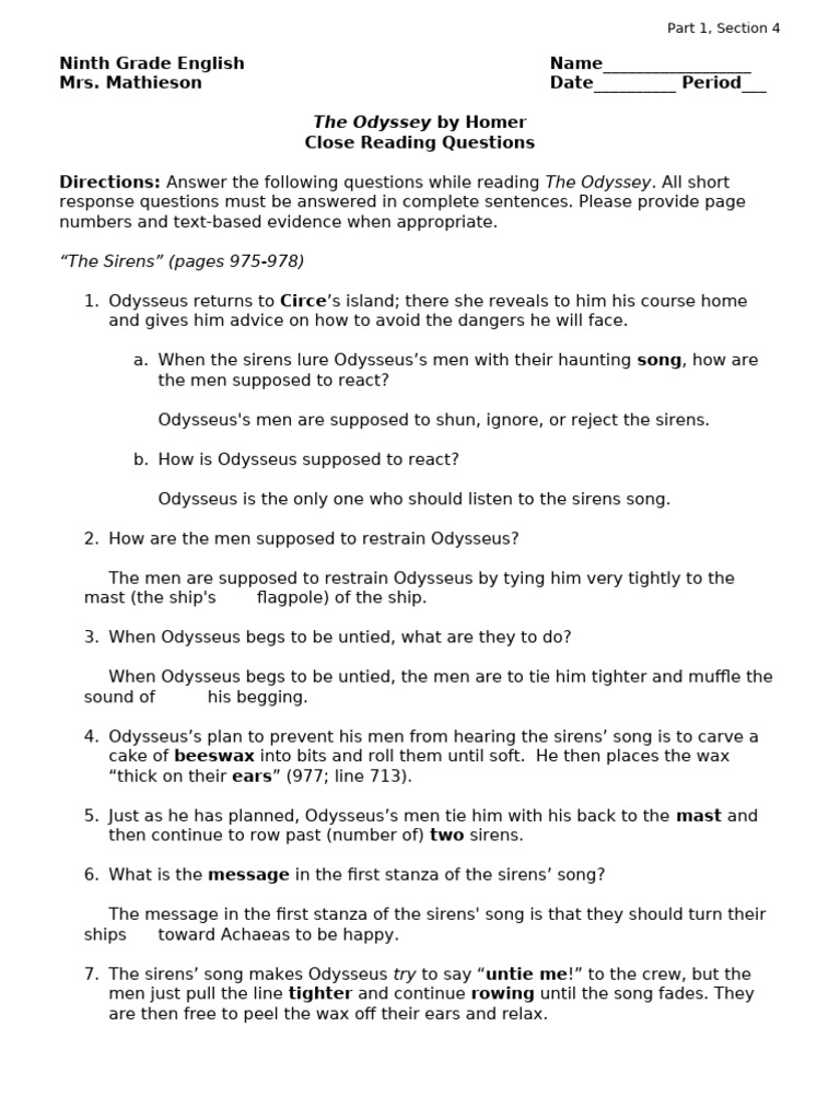 The Odyssey Part I Close Reading Questions - The Sirens Through The ...