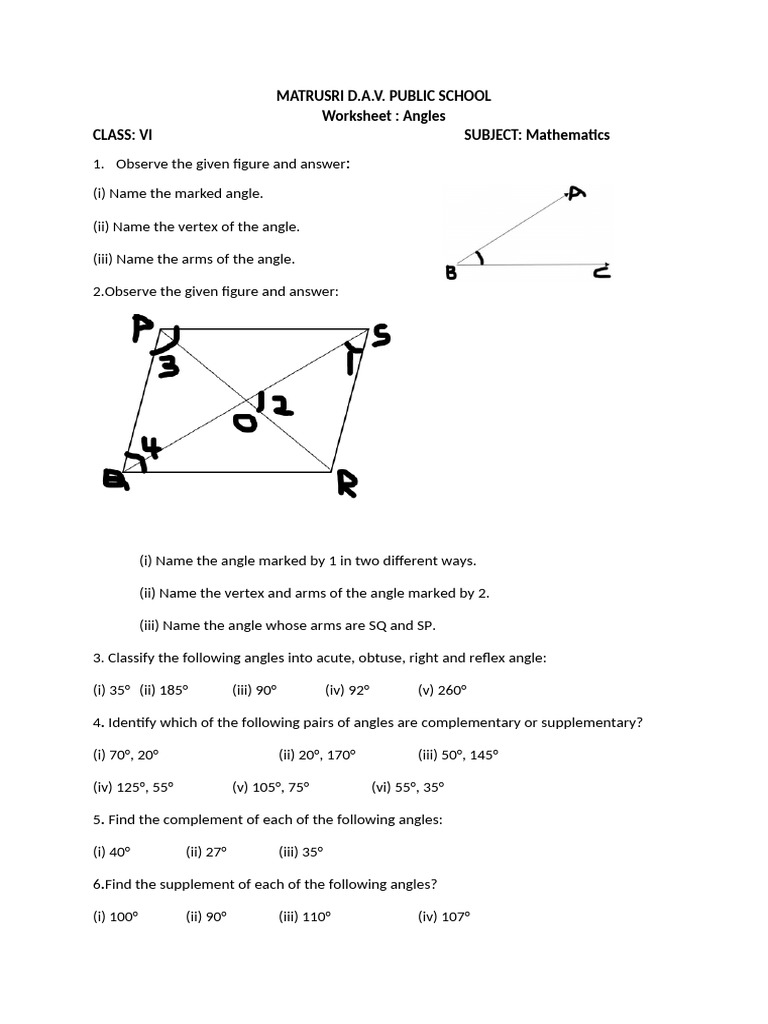 Class 6 Angles Worksheet Activities | PDF | Triangle | Angle