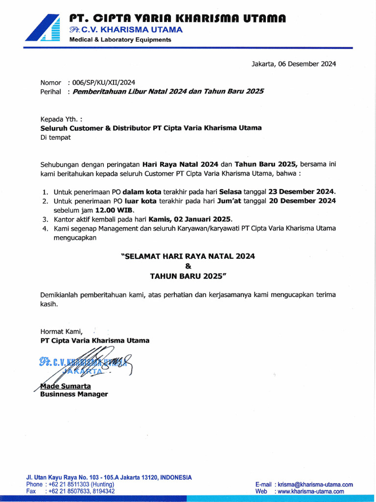 006 - Surat Pemberitahuan Libur Natal 2024 & Tahun Baru 2025 | PDF