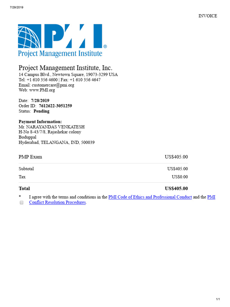 PMP Exam Fee Invoice Summary | PDF