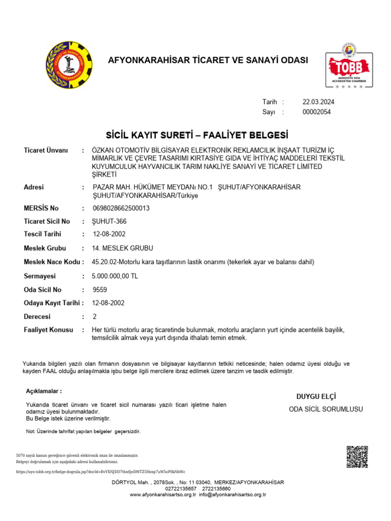 Sicil Kaydı Faaliyet Belgesi 22.03.2024 | PDF