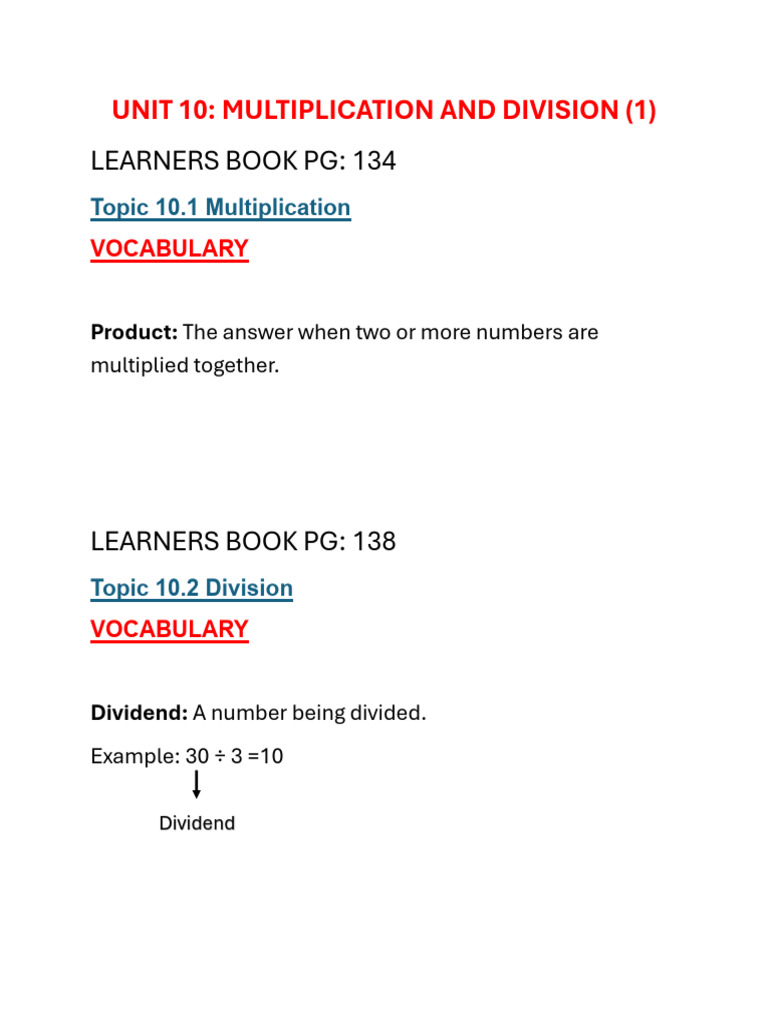 Unit 10 Multiplication and Division | PDF