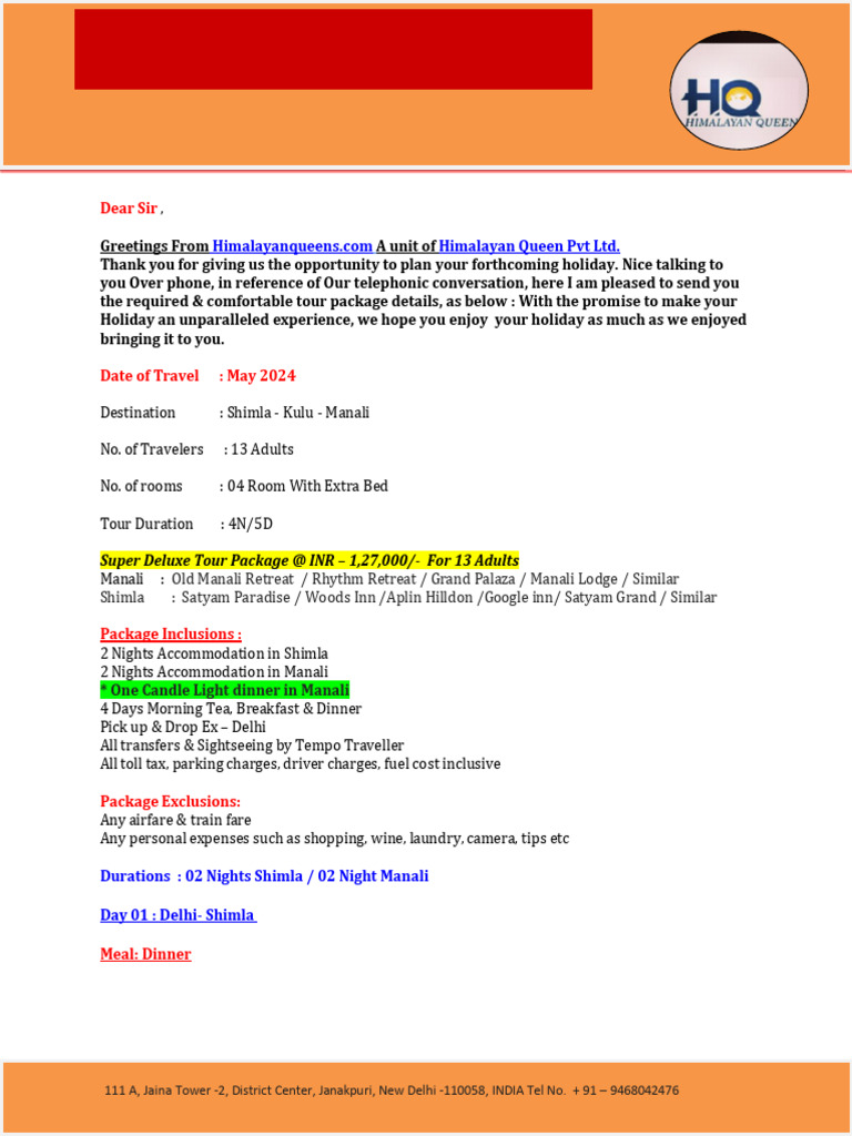 27 May Shimla Manali Trip by Car 13 Adults | PDF