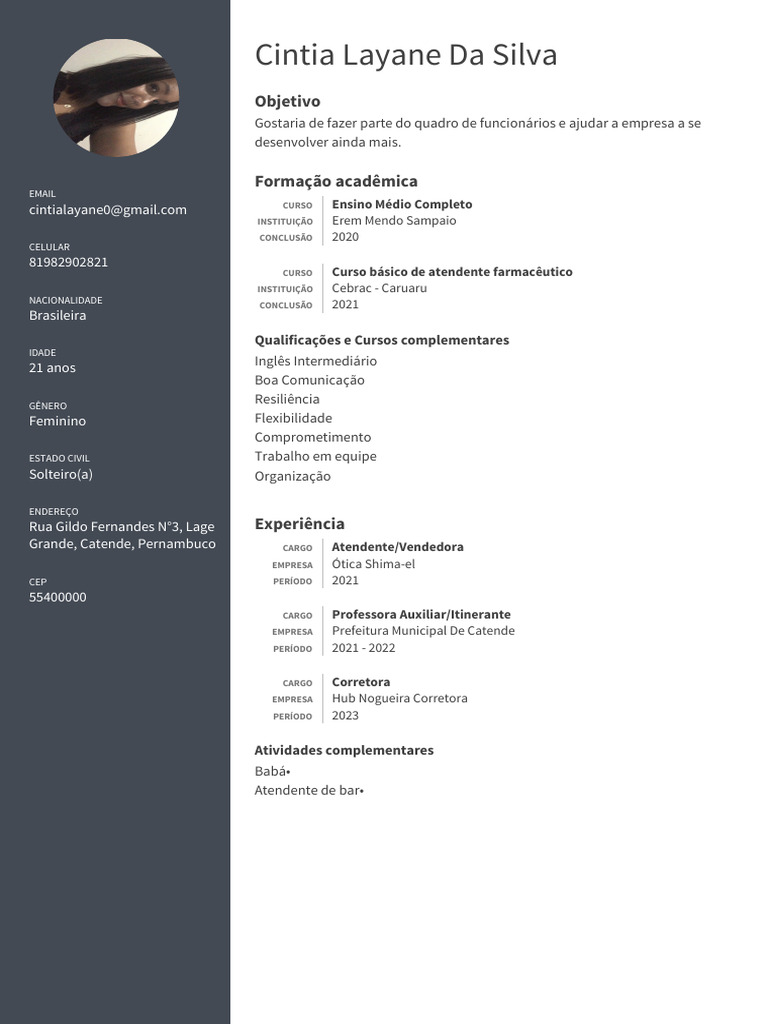 Cintia Layane Da Silva - Currículo 1 | PDF