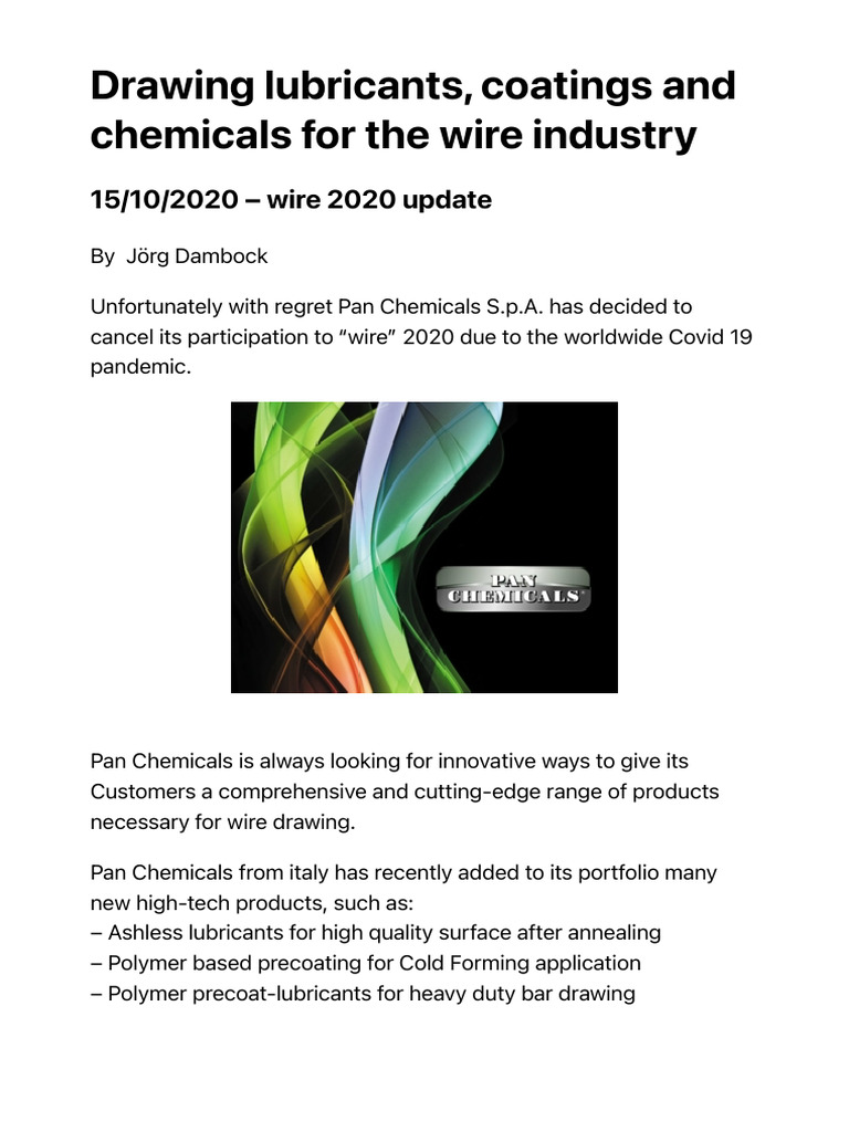 Drawing Lubricants, Coatings and Chemicals For The Wire Industry - WIRE ...