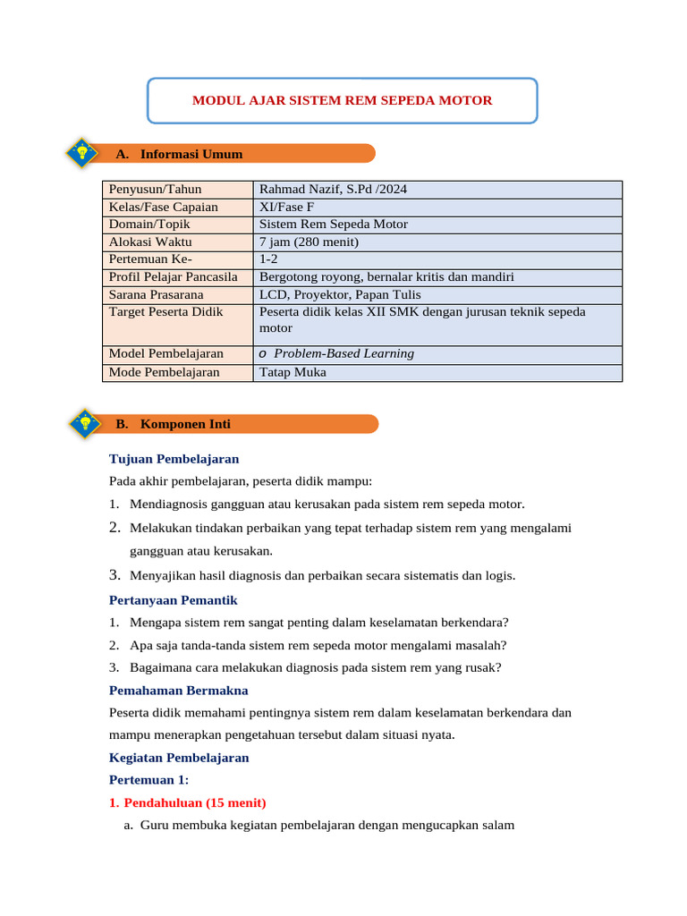 Modul Ajar P.Sasis - Sistem Rem Sepeda Motor | PDF