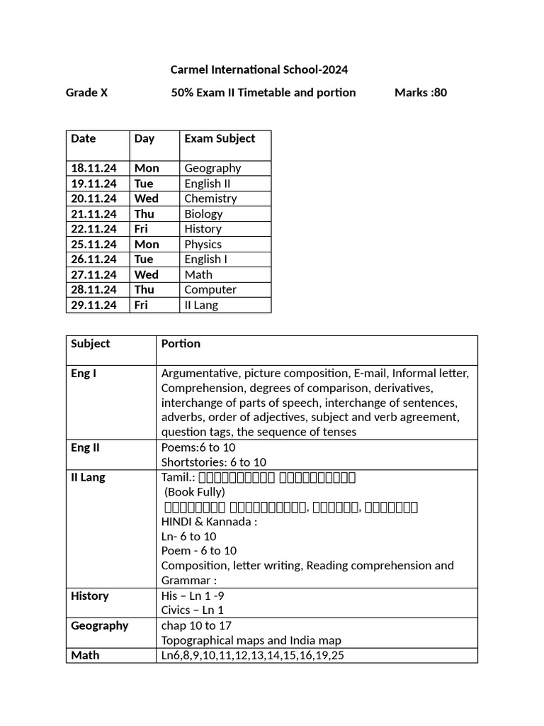 Revision Exam II Timetable-X | PDF