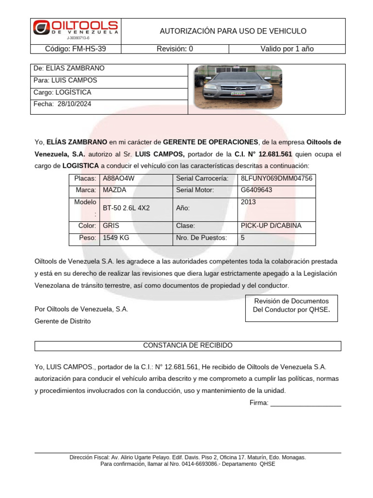 Autorizacion para Vehiculo Odv-2 | PDF | Venezuela | Coche