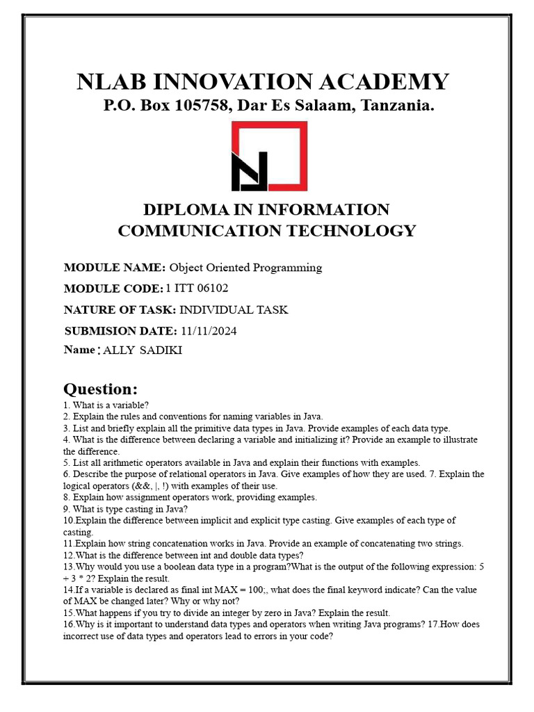 Java OOP Variables and Data Types Guide | PDF | Integer (Computer Science) | Data Type