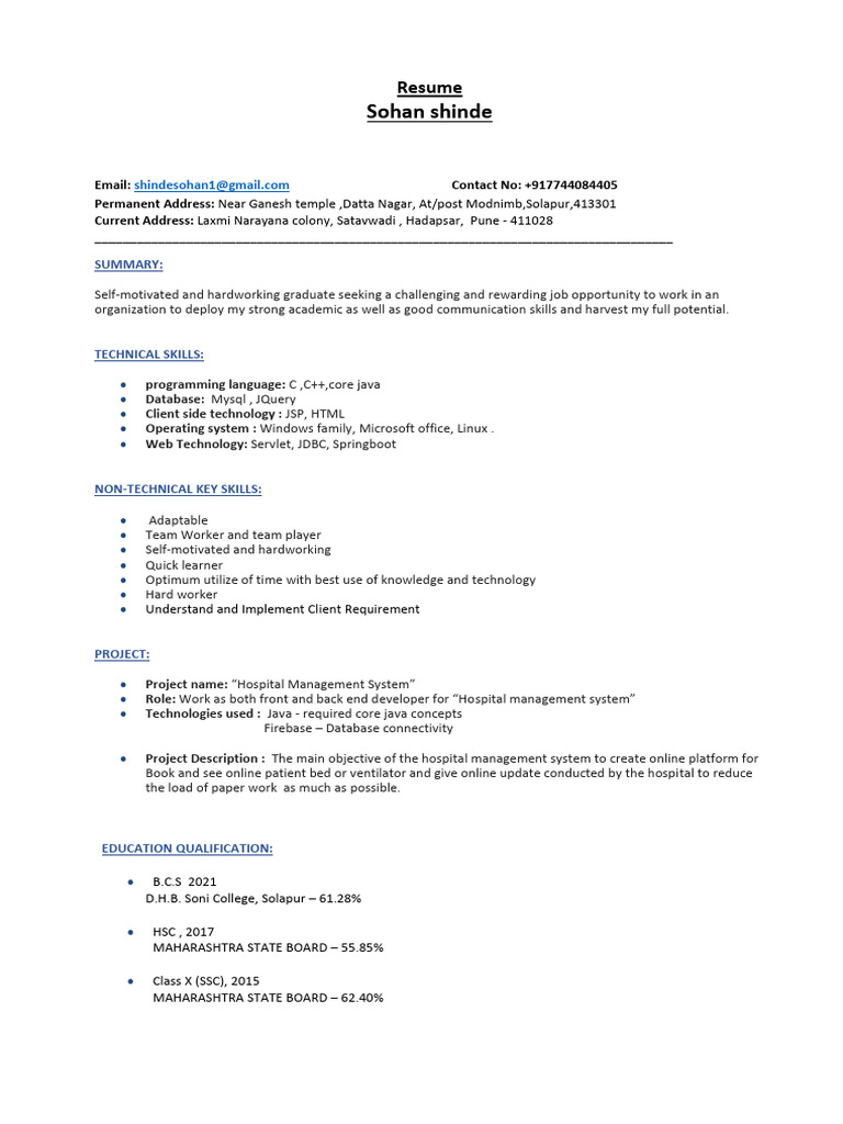 Resume - Sohan Balasaheb Shinde - Trainee Software Developer - 04-12 ... Resume - Sohan Balasaheb Shinde - Trainee Software Developer - 04-12 ...