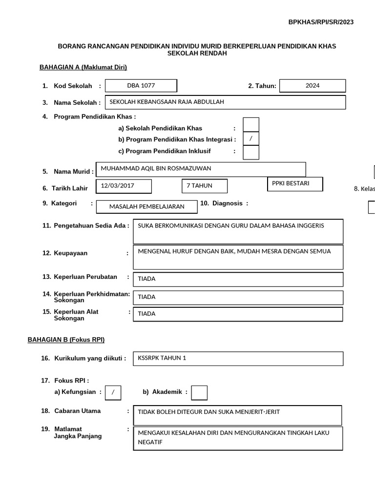 BORANG RPI AQIL 2 | PDF