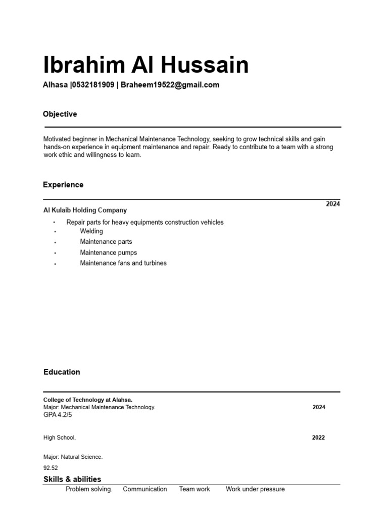 Mechanical Maintenance Technician Resume | PDF