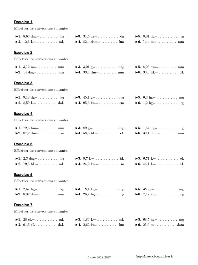 Exercices de Conversion d'Unités 6e | PDF