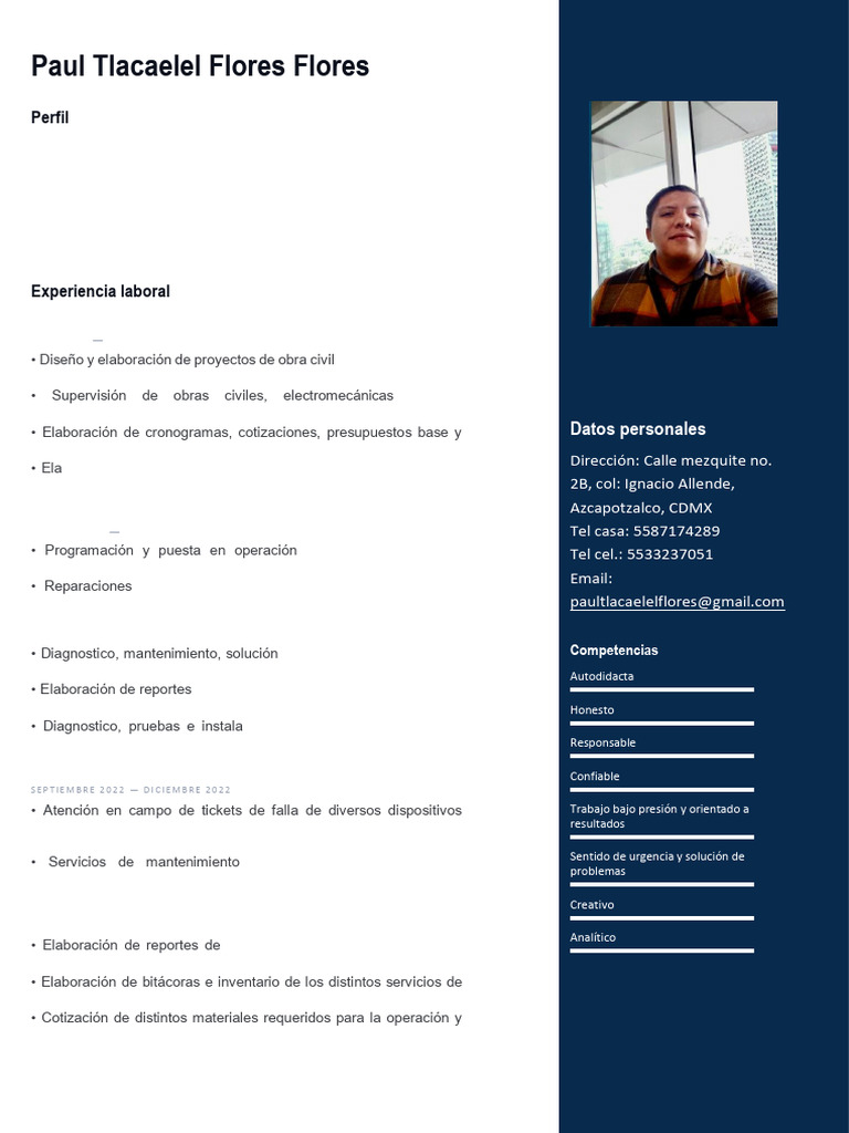 CV Paul Tlacaelel Flores Flores Excesa | PDF | Ingenieria Eléctrica ...