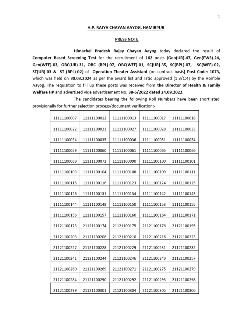 Result of Computer Based Screening Test (CBT) For Operation Theater ...