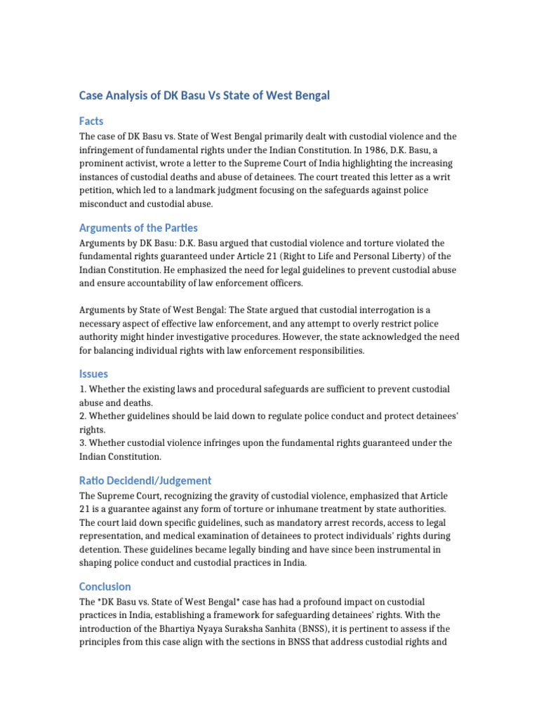 DK Basu Vs State of West Bengal Case Analysis | PDF | Detention ...