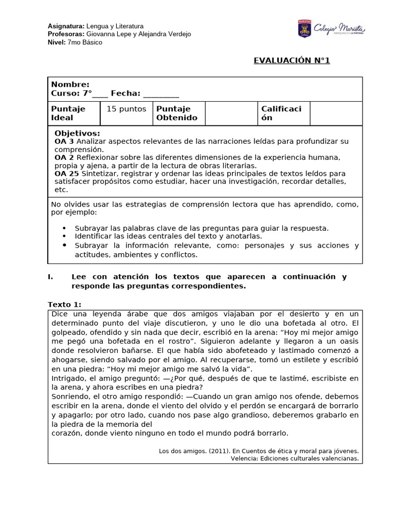 Evaluación 7mos Básicos Narración | PDF