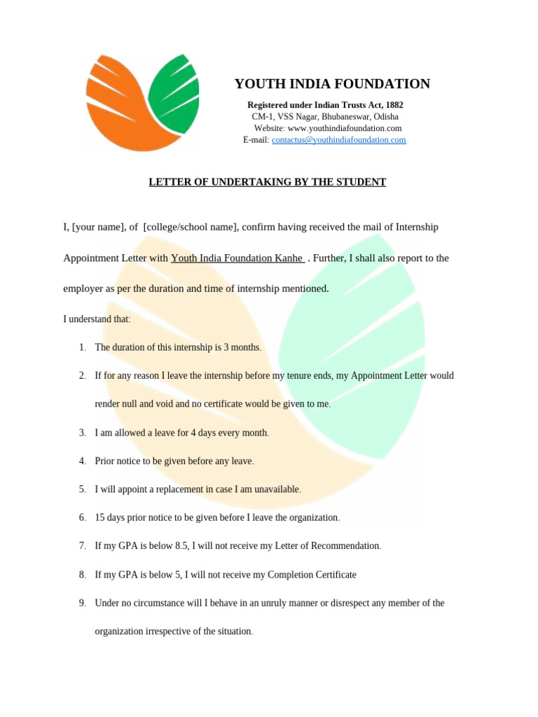 LETTER OF UNDERTAKING BY THE STUDENT | PDF
