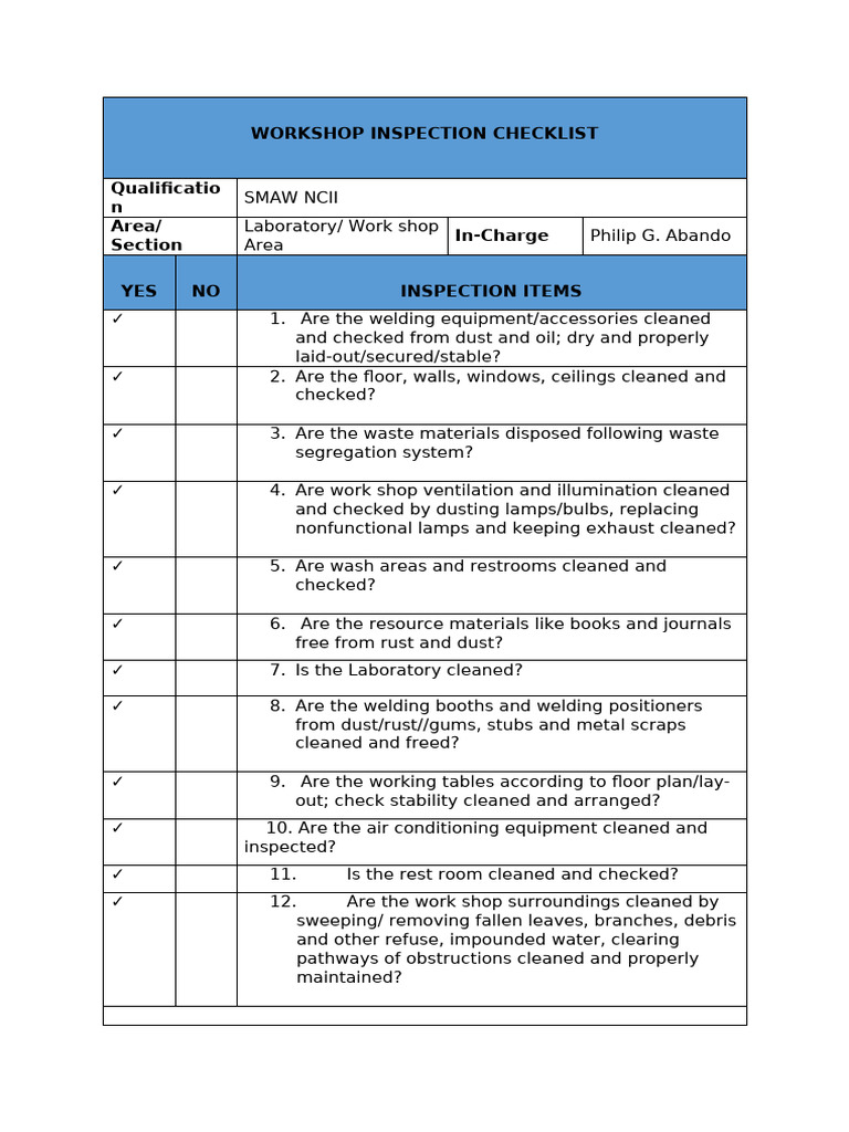 03 WORKSHOP INSPECTION CHECKLIST | PDF