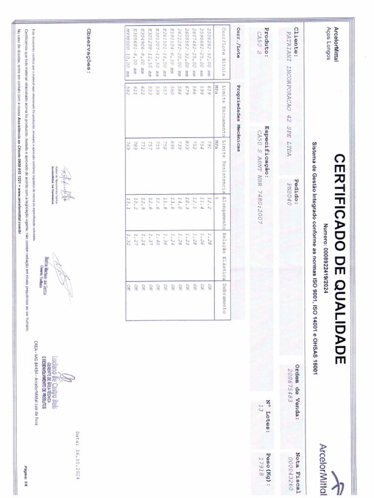 Certificado - Nfe 43261 - Arcelor | PDF